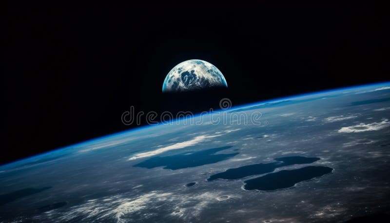 Satellite Orbiting Dark Sphere in Glowing Blue Stratosphere at Night ...