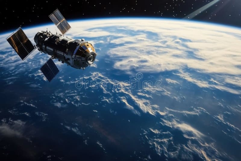 Satellite Orbiting Earth Against a Backdrop of Clouds and Stars in ...