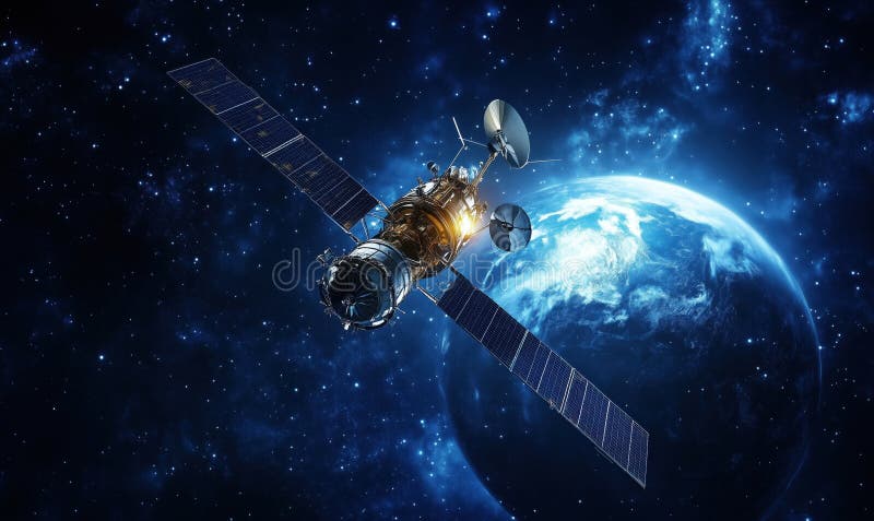Satellite Orbiting Earth with Solar Panels and Blue Planet Background ...
