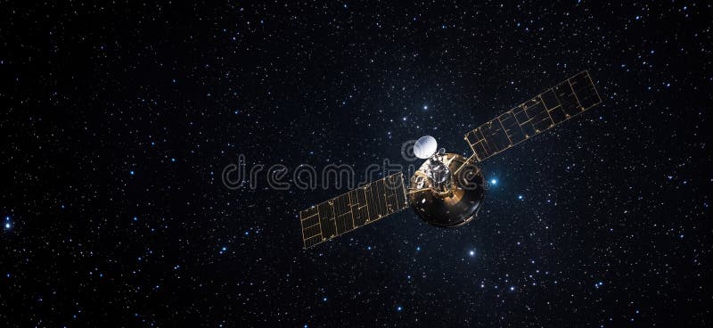 Satellite Orbiting Earth with Solar Panels and Blue Planet Background ...