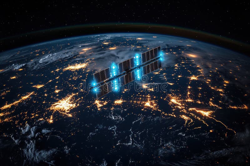 Satellite Orbiting Earth Illuminated Continents Nighttime Stock Photos ...