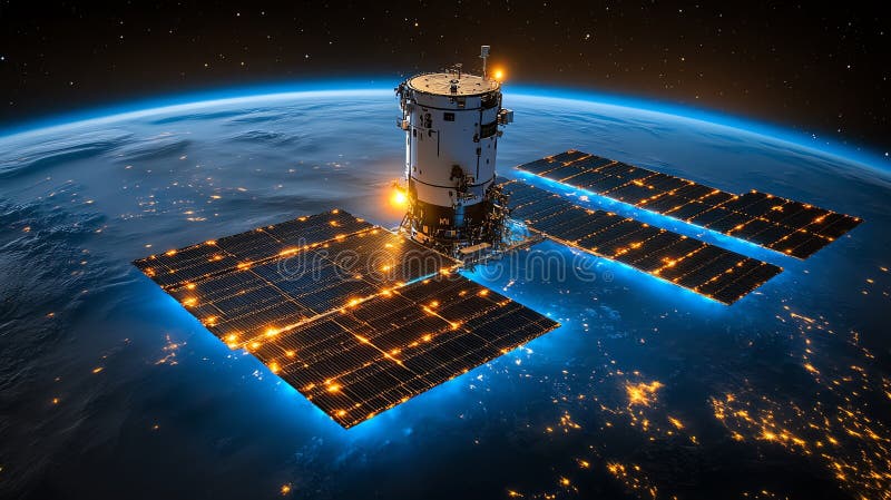 Satellite Orbiting Earth, Illuminated at Night, with Solar Panels ...