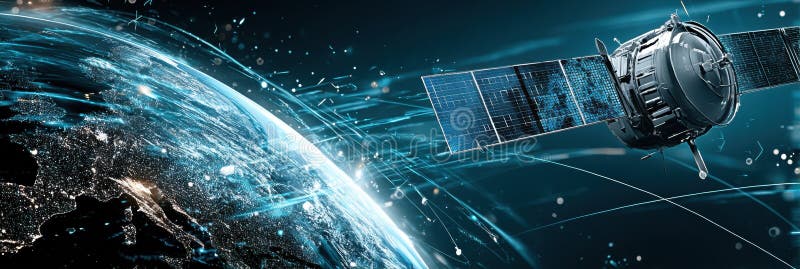 Satellite Orbiting Earth with Live Data Overlay Against a Blue ...