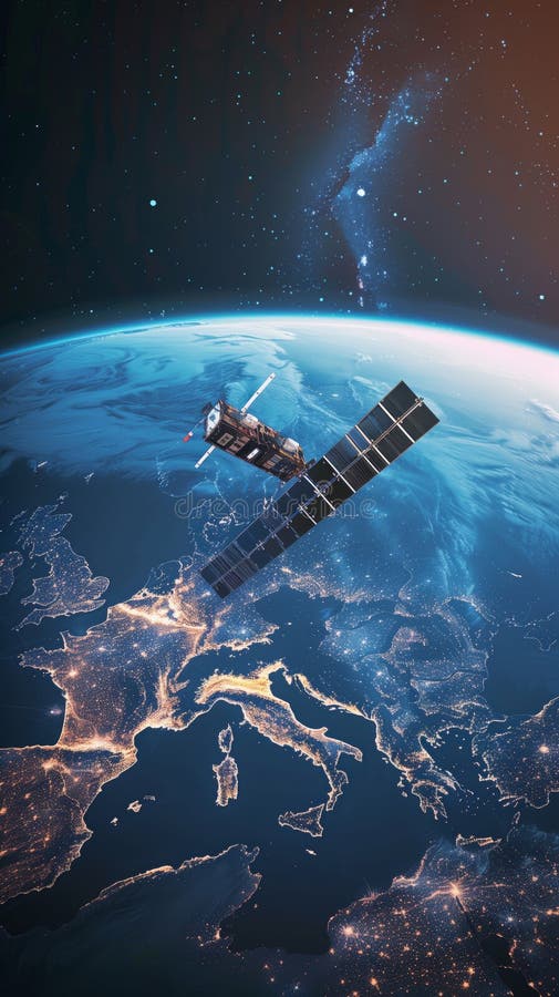 Satellite Orbiting Earth at Night with Stars and City Lights Stock ...