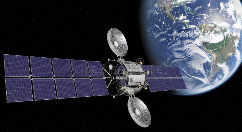 Satellite Orbiting Earth in Outer Space View Stock Illustration ...