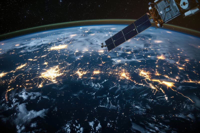 Satellite Orbiting Earth with Solar Panels Extended, Capturing ...