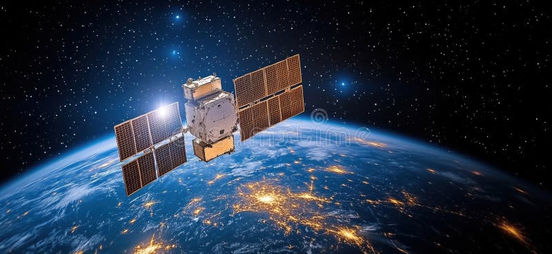 Satellite Orbiting Earth with Solar Panels and Blue Planet Background ...