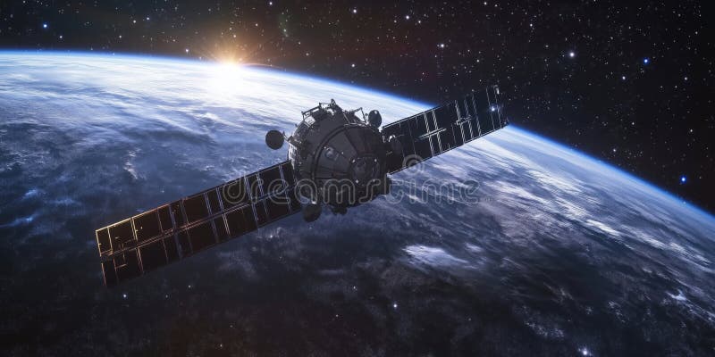 Satellite Orbiting Planet Solar Panels Space Exploration Sunrise Stock ...