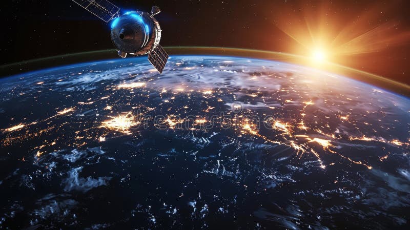 Satellite Orbiting Earth Sunlight Reflecting on City Lights, Dramatic ...