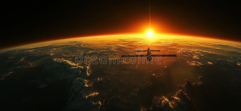 Satellite Orbiting Earth with Solar Panels and Blue Planet Background ...