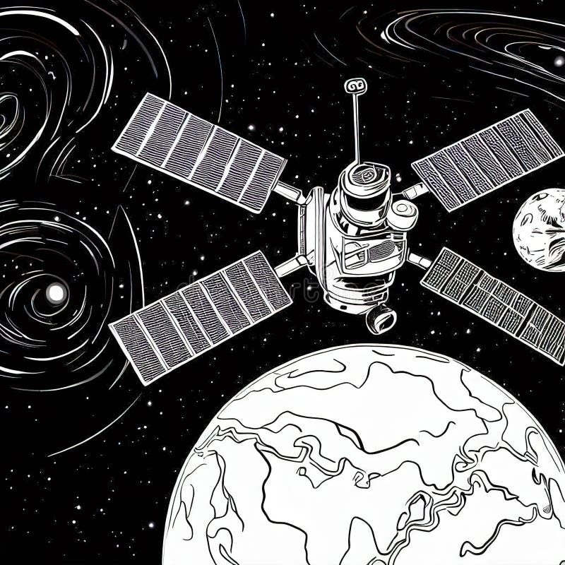 Satellite Orbiting Sun, Galaxies and Moon Thick Black Lines Style ...
