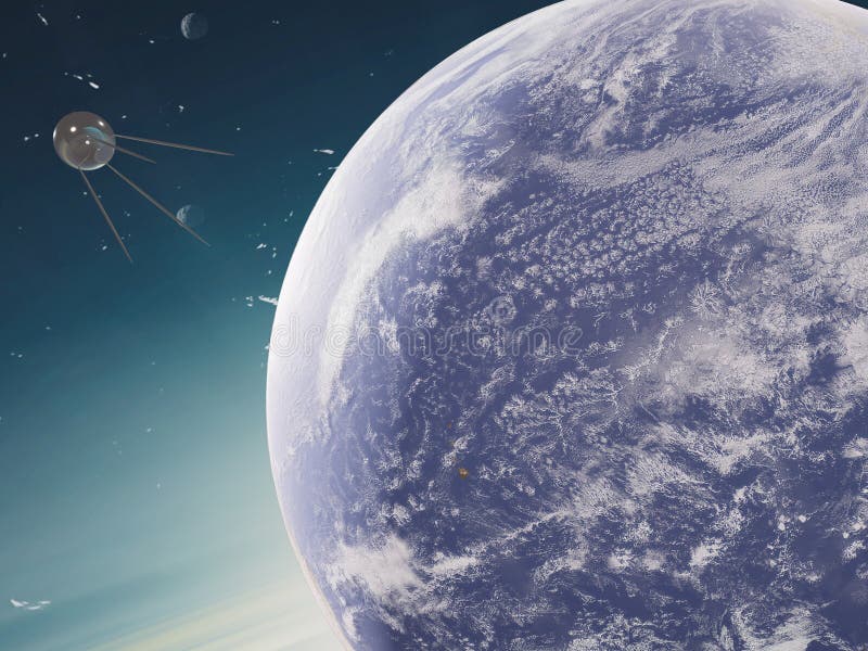 Satellite Orbiting the Water Planet in Outer Space Stock Illustration ...