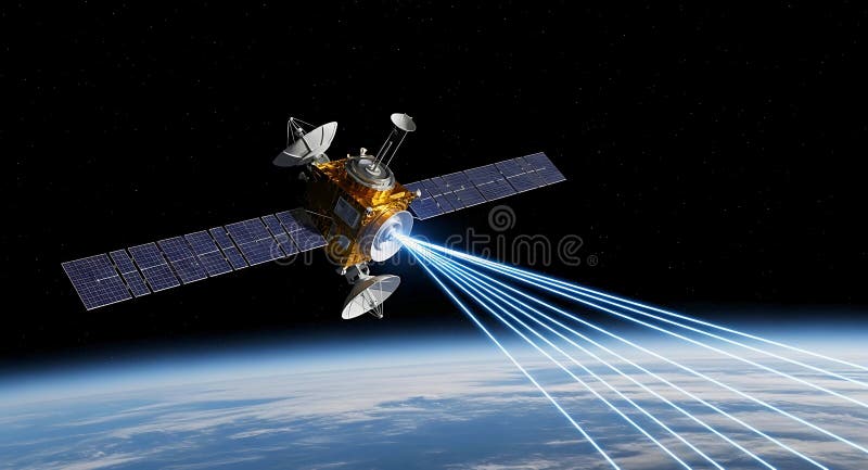 Satellite Orbits Earth with Blue Laser Beams Featuring Solar Panels and ...