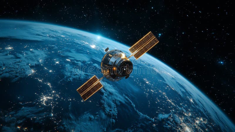 A Satellite Orbits Earth, Showcasing Illuminated Urban Areas at Night ...