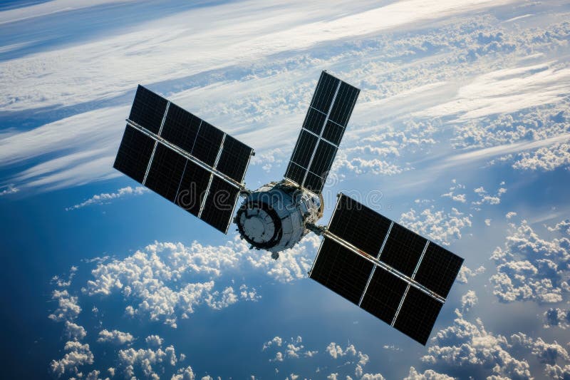 Satellite Orbiting Earth Captured Against a Backdrop of Clouds and ...