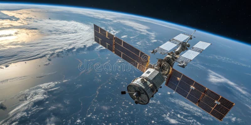 Satellite Orbits Earth during Daytime Showcasing Solar Panels and Blue ...