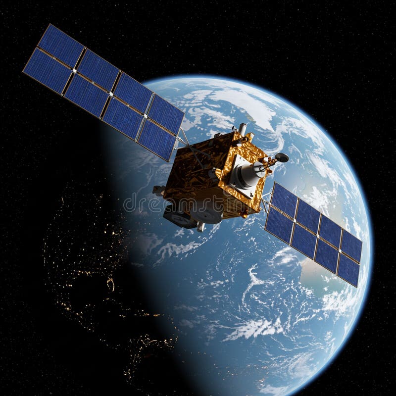 A Satellite Orbits Earth, Displaying Large Solar Panels and a Metallic ...