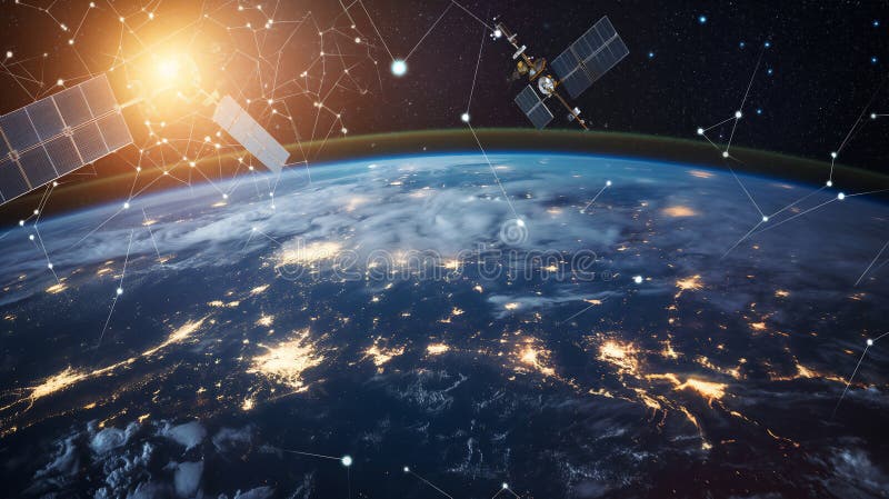 A Satellite Orbits Earth, Interconnected by Glowing Digital Networks ...