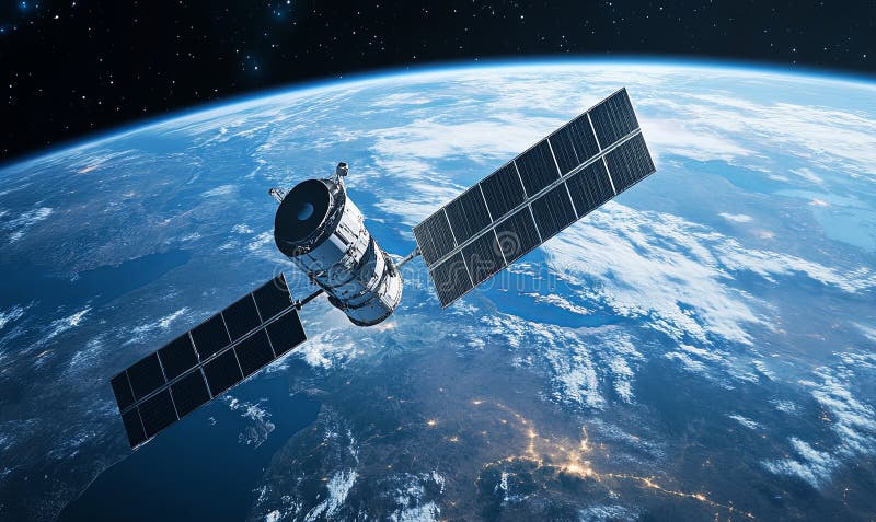 A Satellite Orbits Earth, Its Solar Panels Catching the Sun S Rays. the ...