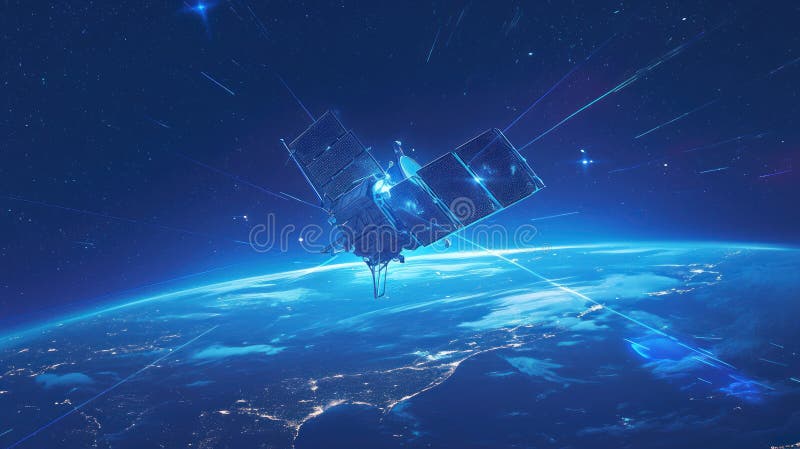 A Satellite Orbits Earth, with Light Beams Radiating from it and Stars ...