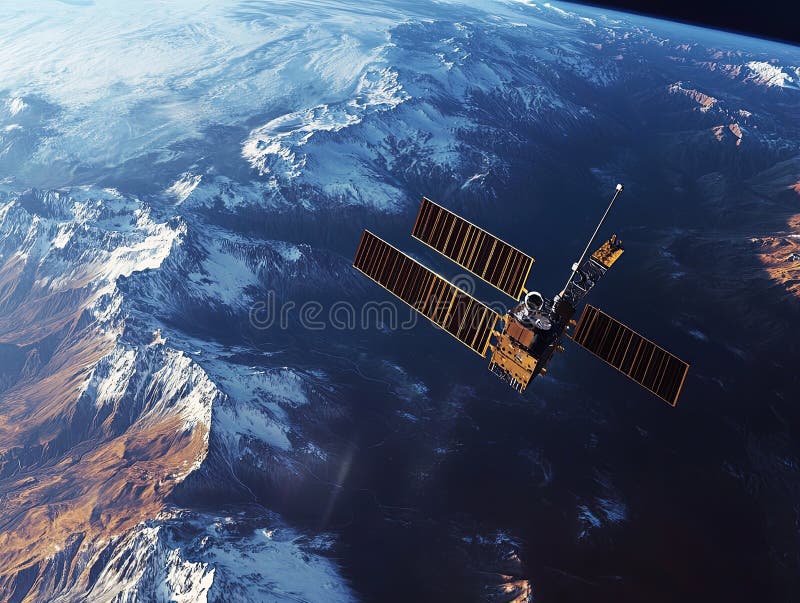 A Satellite Orbits Earth, Passing Over a Mountain Range Stock ...
