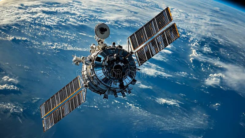 Satellite Orbits Above Earth, Its Solar Panels Reflecting Sunlight ...