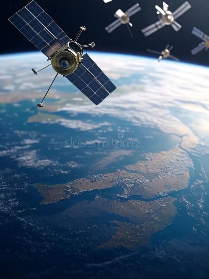 Satellite Orbiting Earth in Space at Night Under Stars and Northern ...