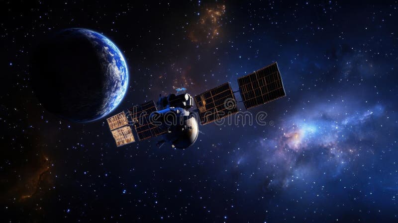 Satellite Orbits Earth in the Vast Galaxy, Exploring the Cosmos and ...