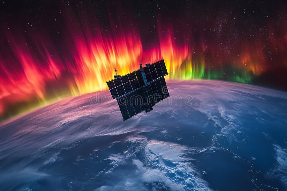 A Satellite Orbits Earth with a Vibrant Aurora Backdrop, Creating a ...