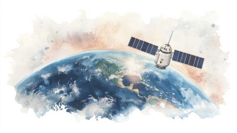 Satellite Orbits Earth with Watercolor Sky in Space Exploration Art ...
