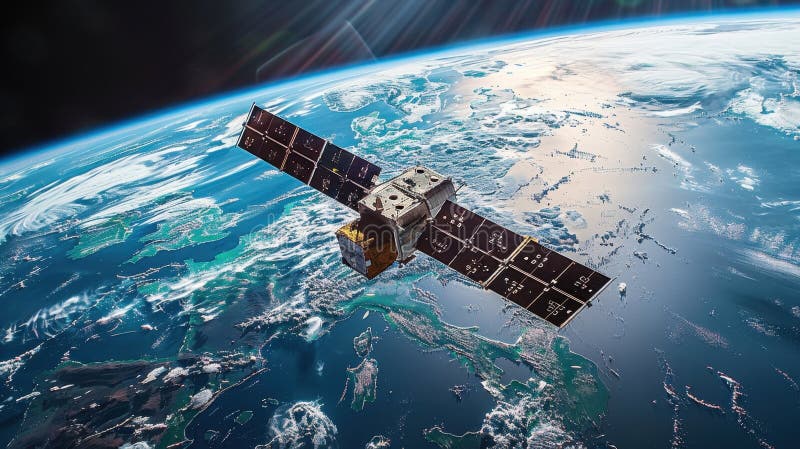 A Satellite in Outer Space on the Background of Planet Earth. a ...