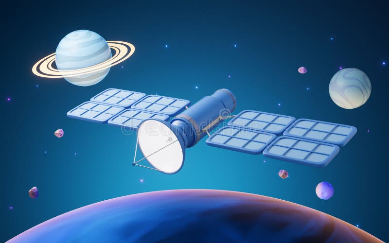 Cartoon Style Planet and Artificial Satellite, 3d Rendering Stock ...