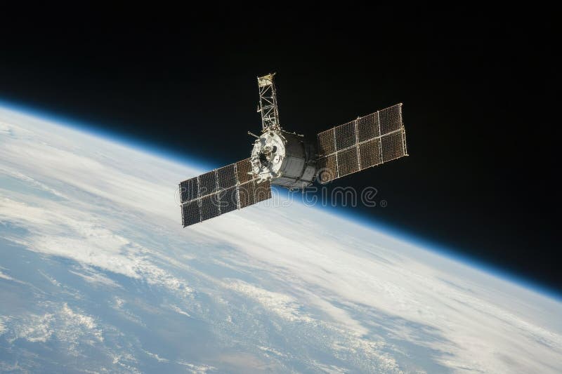 Satellite Orbits Earth Above Blue Oceans and White Clouds during a ...