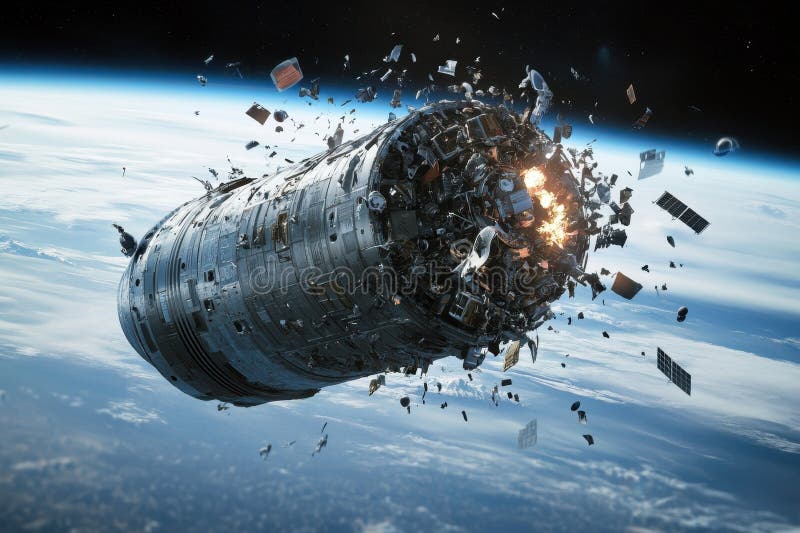 Space Debris and Satellite Explosion Above Earth during Mission Stock ...