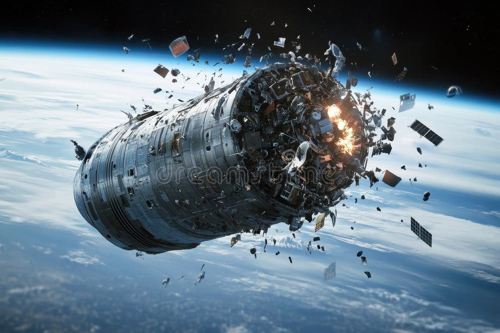 Space Debris and Satellite Explosion Above Earth during Mission Stock ...