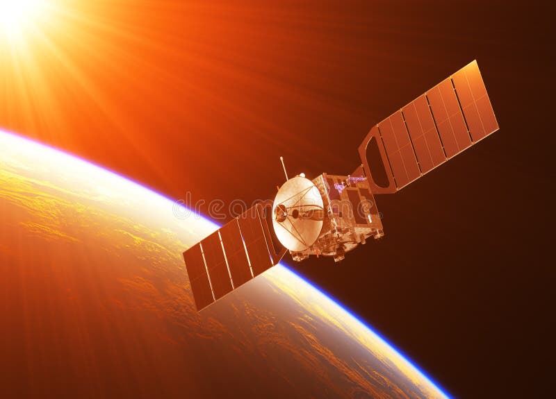 Satellite in the Rays of Rising Sun Stock Illustration - Illustration ...