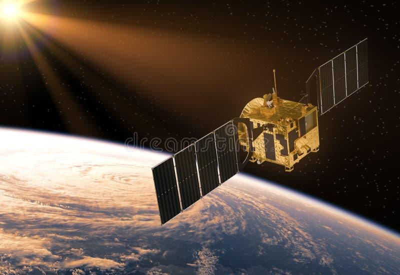 Satellite in the Rays of Rising Sun Stock Illustration - Illustration ...
