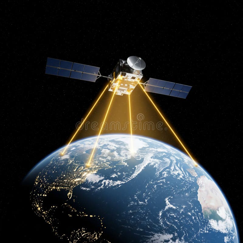 A Satellite with Rectangular Solar Panels Orbits Above Earth, Emitting ...