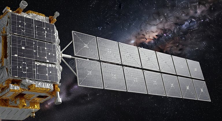 A Satellite with Rectangular Solar Panels in Space. the Panels are ...