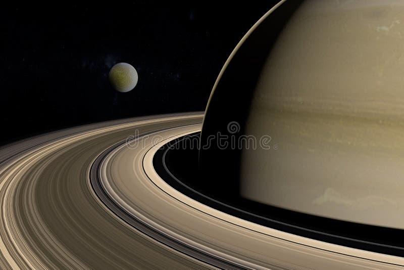Satellite Rhea Orbiting Around Saturn Planet. 3d Render Stock ...