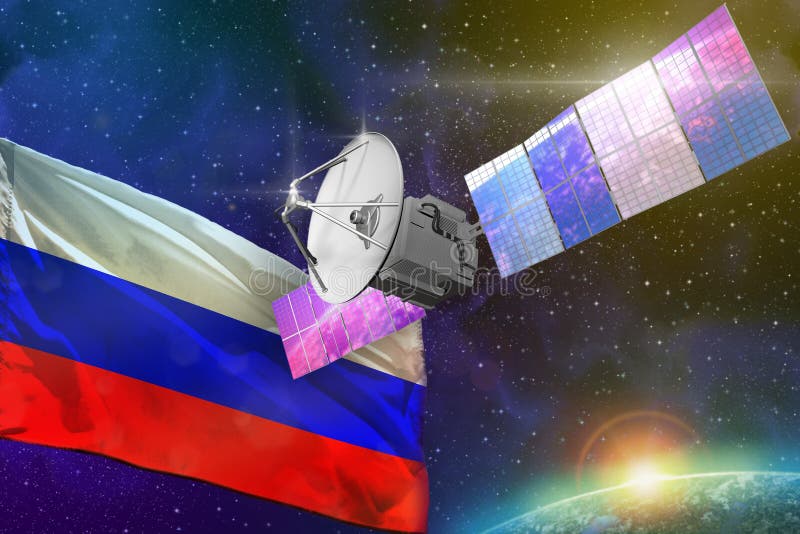 Space Communications Technology Concept - Satellite with Russia Flag ...