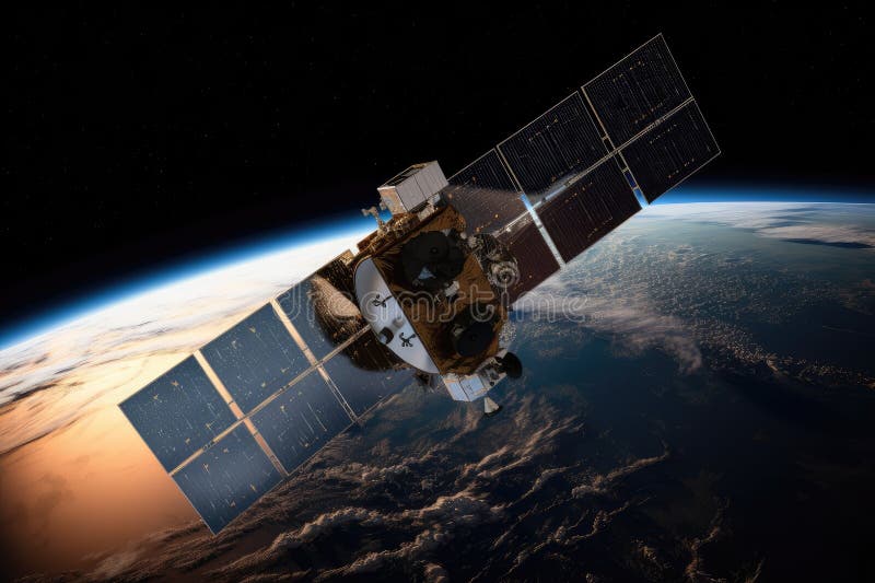 Satellite with Solar Panels, Orbiting the Earth in Outer Space Stock ...