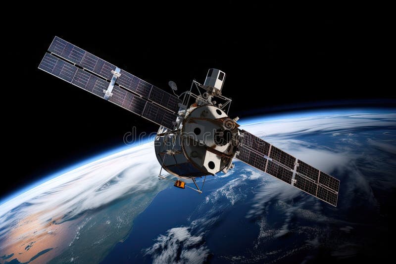 Satellite with Solar Panels, Orbiting the Earth in Outer Space Stock ...