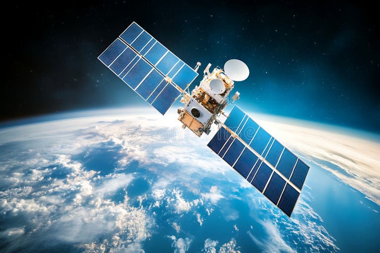 A Satellite with Solar Panels Orbits Earth, Highlighting Communication ...
