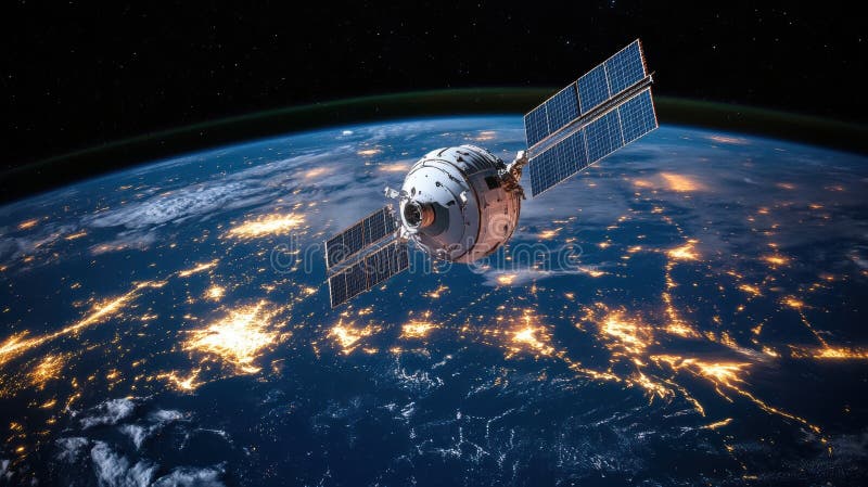A Satellite in Space with Lights Shining on the Earth, AI Stock Photo ...
