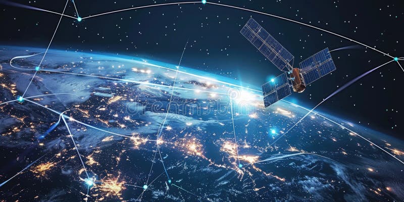 Satellite in Space Orbiting Earth with Laser Beams. Space Exploration ...