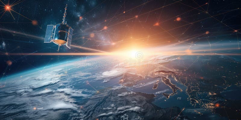 Satellite in Space Orbiting Earth with Laser Beams. Space Exploration ...