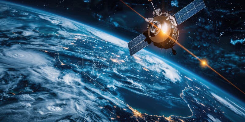 Satellite in Space Orbiting Earth with Laser Beams. Space Exploration ...