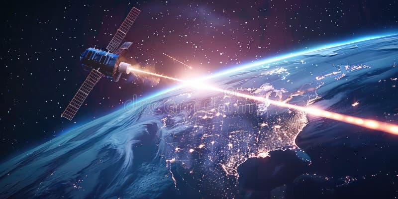 Satellite in Space Orbiting Earth with Laser Beams. Space Exploration ...