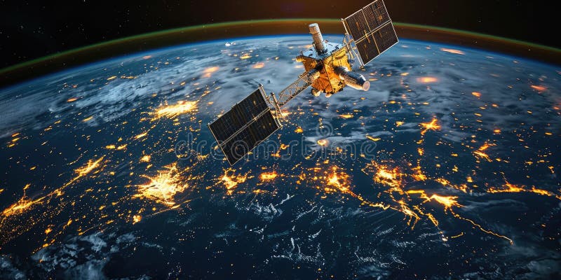 Satellite in Space Orbiting Earth with Laser Beams. Space Exploration ...